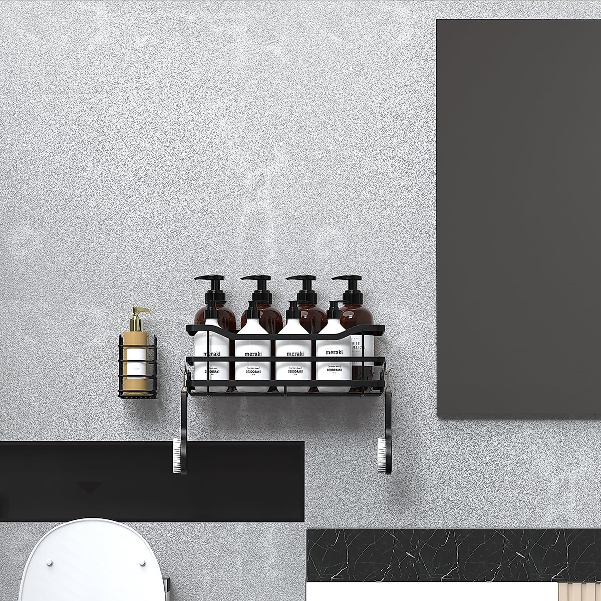 Prettidecor Shower Caddy 3 Pack-Self Adhesive Stainless Shower Shelves with Hooks No Drilling Shower Organizer Hanging Large Capacity Rustproof Bathroom Kitchen Storage Accessories-Black