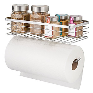 mDesign Steel Horizontal Wall Mount Paper Towel Holder with Basket Storage Organizer for Kitchen Countertop, Pantry, Cabinet, Cupboard - Holds Spices, Snacks, Drinks - Carson Collection - Chrome