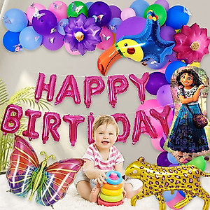 HOMEZZO Magic House Birthday Party Balloons Garland - Magic House Mirabel Themed Party Decoration, Incanto Toucan Jaguar Foil Mylar Balloon Arch, 3D Butterfly Stickers