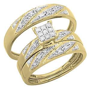 Dazzlingrock Collection 0.30 Carat (ctw) Round White Diamond Cluster Style Men & Women's Engagement Trio Set 1/3 CT, 10K Yellow Gold