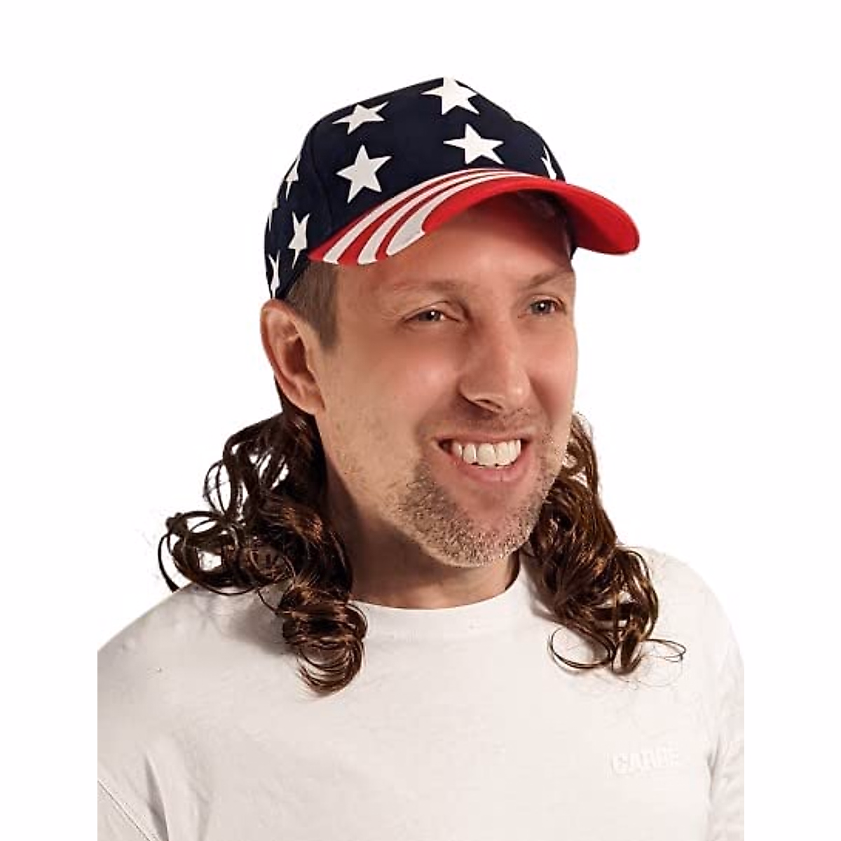 HandinHandCreations USA Stars and Stripes Brown King Mullet Hat Wig Merica 4th of July Hillbilly American Costume