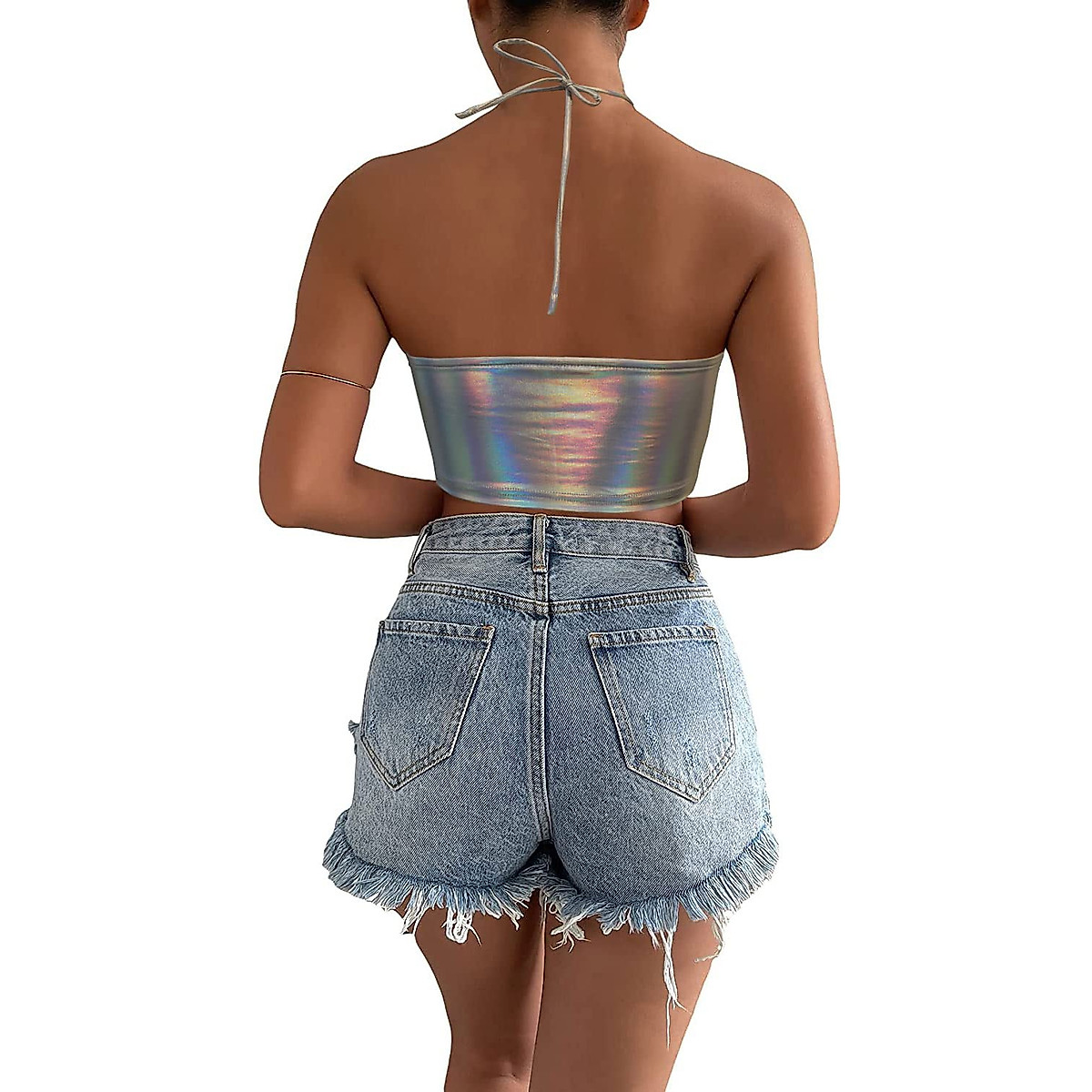 Women's Alien Costume Buzz Lightyear Fembot Winx Club Chel Cosplay el Dorado 90s Outfits Silver Metallic Top Rave Outfits Festival Clothing Halter Sparkly Sexy Multicol Silver Top XL