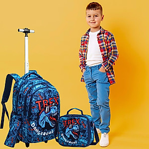 Egchescebo Boys Rolling Backpacks Kids Backpack with Wheels for School Bags Luggage With Wheels Trolley Wheeled Backpacks 3PCS 16“ Dinosaur Travel Bags Boys With Lunch Box Blue
