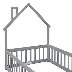 LostCat Twin Size Floor Bed Frame with Fence & Door, Montessori Floor Bed with House-Shaped Headboard, Montessori Bed for Kids Boys Girls, Easy Assembly, Grey