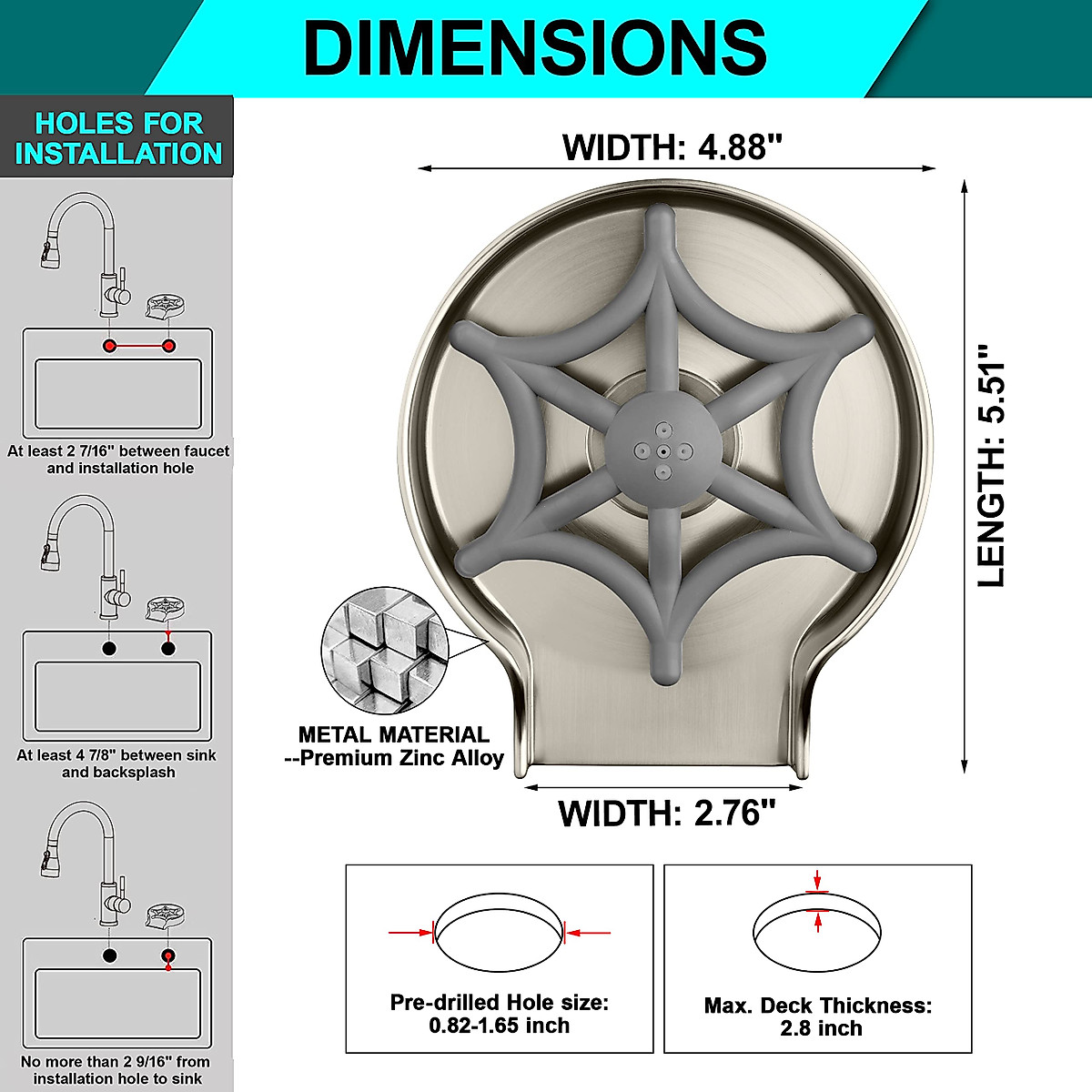 Metal Glass Rinser for Kitchen Sink - Cup Washer, Glass Washer for Sink, Glass Cup Cleaner Sink Attachment, Cup Rinser for Bar Sink, Brushed Nickel