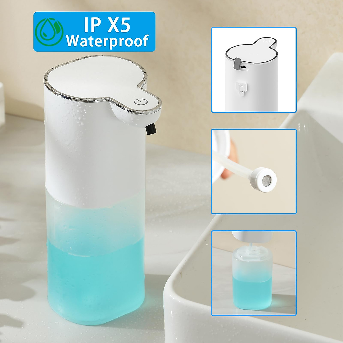 Automatic Soap Dispenser - Touchless Foaming Kids Hand Soap Bottle - Rechargeable Hands Free Pump for Bathroom or Kitchen with Wall Mount Hook