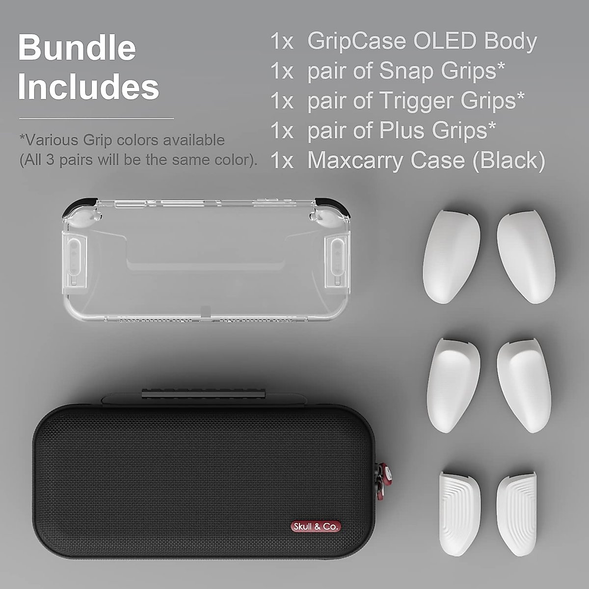 Skull & Co. GripCase OLED Bundle: A Dockable Transparent Protective Case with Replaceable Grips [to fit All Hands Sizes] for Nintendo Switch OLED Model- OLED White