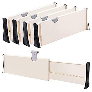 Drawer Dividers Organizer 4 Pack, Adjustable Separators 4" High Expandable from 11-17" for Bedroom, Bathroom, Closet,Clothing, Office, Kitchen Storage, Strong Secure Hold, Foam Ends, Locks in Place