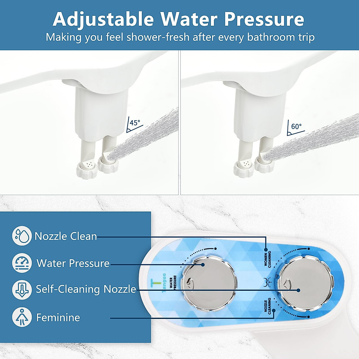 Tanguo Bidet Attachment for Toilet, Adjustable Pressure Control &Self-Cleaning Dual Nozzle (Feminine/Bidet Wash) Toilet Bidet, Cold Water Sprayer Bidets for Existing Toilets