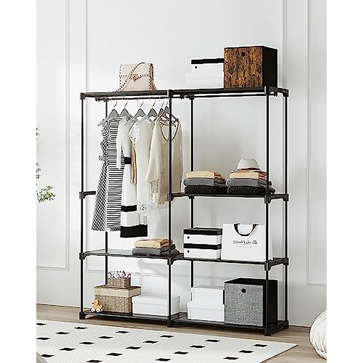 Hzuaneri Closet Organizer, Freestanding Portable Closet, 60-inch Closet Wardrobe for Bedroom, 2 Clothes Rail with 5 Compartments Shelves Storage Organizer for Cloakroom, Black WH03032BK