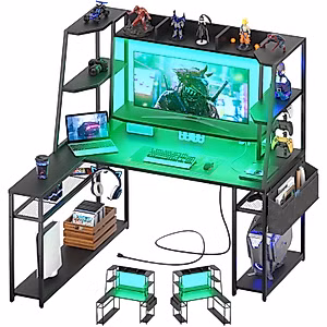 L Shaped Gaming Desk with Hutch & Shelves, 47'' Gaming Computer Desk with LED Lights & Power Strips, Reversible PC Gaming Desk L Shape with Storage, L Desk for Gaming with Monitor Stand, Black