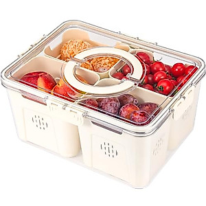 PYQTH Fruit Storage Containers for Fridge, Portable Divided Food Storage Containers with Lid and Handle, BPA-Free Saver Refrigerator Food Organizer Bins with 1 Brush for Veggies Fruit, 4 Compartments