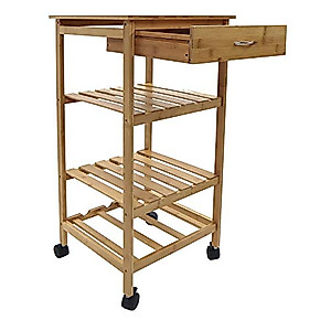 Redmon Bamboo Multi Shelf Kitchen Trolley, Three Open Shelves, Slide Drawer, Locking Castors, Wine Bottle Holder, 15.25 Inch Width x 15.25 Inch Depth x 31.50 Inch Height