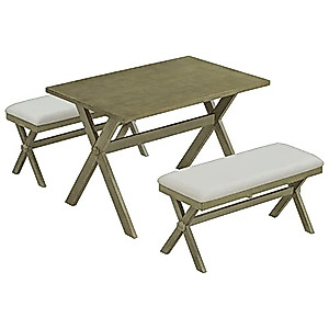 UBGO Chair for 4, 3 Piece Modern Leisure Set with 2 Upholstered Bench Rectangular Table for Kitchen, Dining Room, Restaurant, Apartment Small Space Furniture, Gray Green