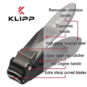 Nail Clippers for Men with Catcher - KLIPP Razor-Sharp Heavy Duty Self-Collecting Nail Cutters with Ergonomic Lever Keep Fingernails and Toenails Impeccably Manicured - Includes Ziplock Pouch