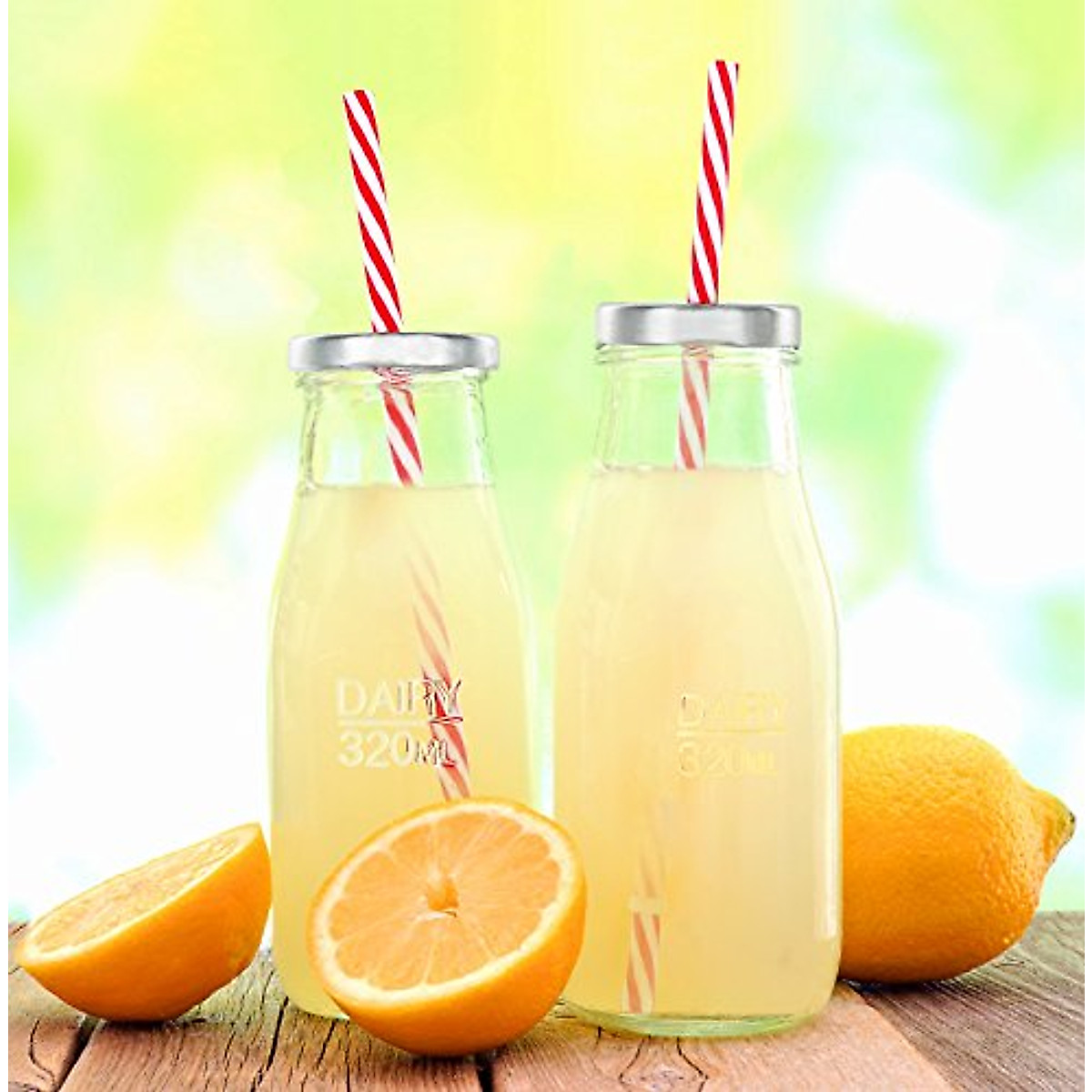 Estilo Glass Milk Bottle with Lid - Milk Glass - Reusable Glass Bottle for Dairy Milk With Straws & Metal Screw On Lids, 10.5 Ounce, Clear, Set of 6