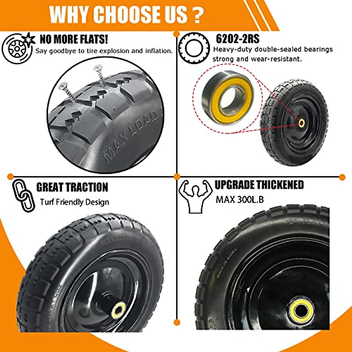 13" Flat Free Solid Tire and Wheel for Gorilla Carts Replacement Wheels,Wheelbarrow,Garden Cart,Trolleys,Hand Trucks and Yard Trailers(5/8" Bearings,Offset Hub 2.1") (2-Pack)