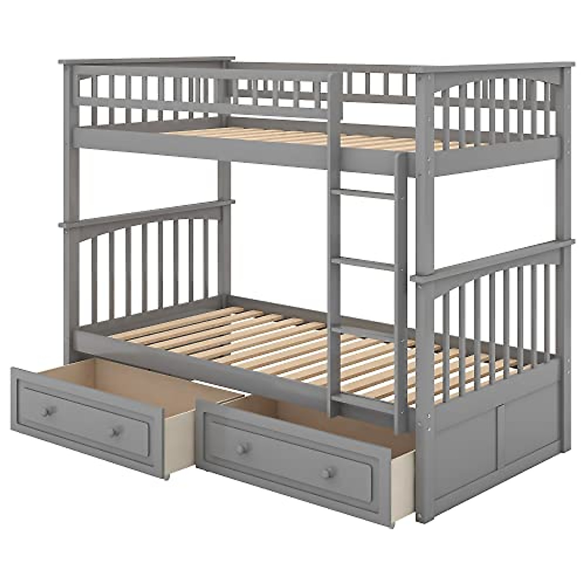 RUNWON Twin Over Twin Wood Bunk Bed with Storage Drawers and Full Length Safety Guard Rails for Kids Adults, Can Be Converted into 2 Beds