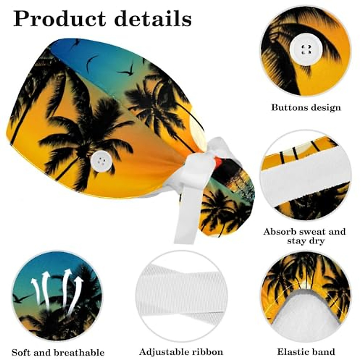 Nurse Scrub Caps,Scrub Hats with Buttons and Cotton Sweatband,Plam Tree Tropical Island at Sunset