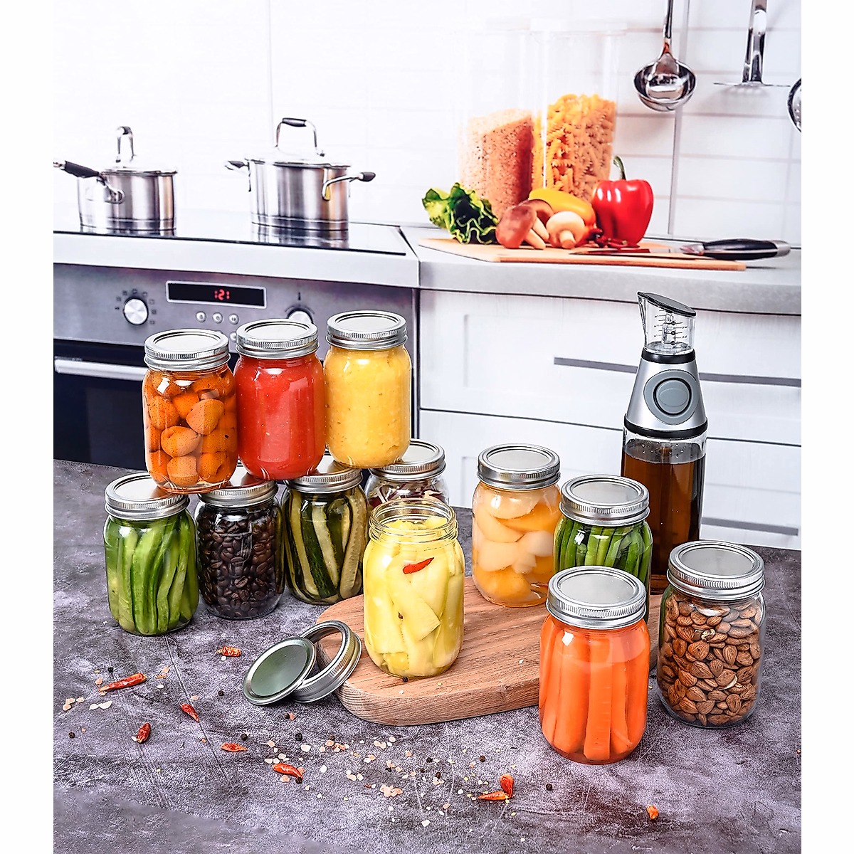 16oz Glass Mason Jars with lids Set of 12- wide mouth - Airtight Band + Marker & Labels - Canning Jars with Lids, Ideal for candle jars, Spice Jars, Wedding Favors, Meal Prep, Jelly Jar, Jam, Honey,