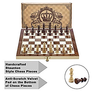 AMEROUS 12" x 12" Magnetic Wooden Chess Set for Adults and Kids, 2 Bonus Extra Queens, Folding Board with Storage Slots, Handmade Chess Pieces, Portable Travel Chess Board Game Sets, Gift Packed Box