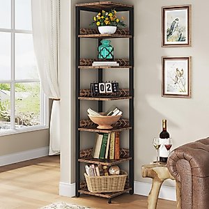 Tribesigns 6-Tier Corner Shelf, 76.77-Inch Tall Narrow Bookshelf Storage Rack, Etagere Shelves Display Stand for Small Spaces, Rustic Open Bookcase Corner Square Shelf Tower for Living Room, X1