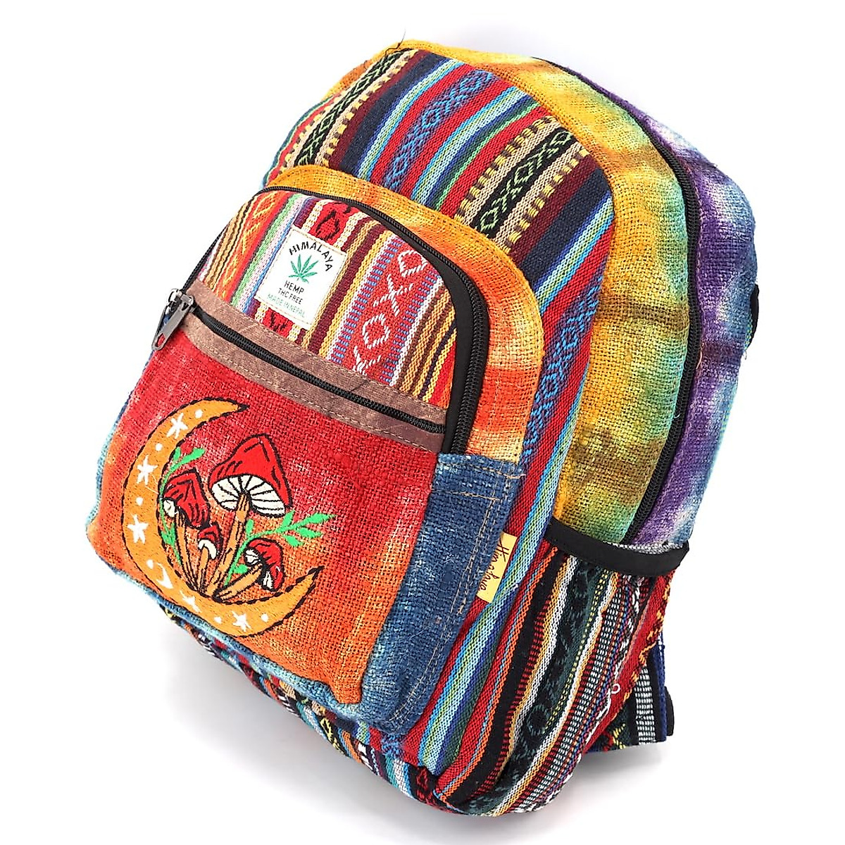 Unique Moon & Mushroom Embroidered Himalaya Hemp Hippie Backpack Festival Backpack FAIR TRADE Handmade with Love. (MINI)