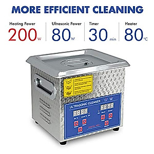 Ultrasonic Cleaner 200W Heated Parts Cleaner 2L (1.5L liquid capacity) for Small Carburetors Injectors Guns Bullets Brass and Jewelry Professional Stainless Steel Ultrasonic Bath 2023 Upgrade