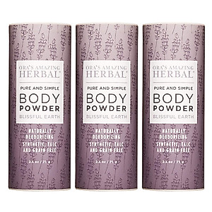Natural Body Powder, 2.5 Ounces Pack of 3, Dusting Powder No Talc, Corn, Grain or Gluten Blissful Earth Scent (Essential Oil Only No Synthetic Fragrance) Non GMO Made in The USA, Ora's Amazing Herbal