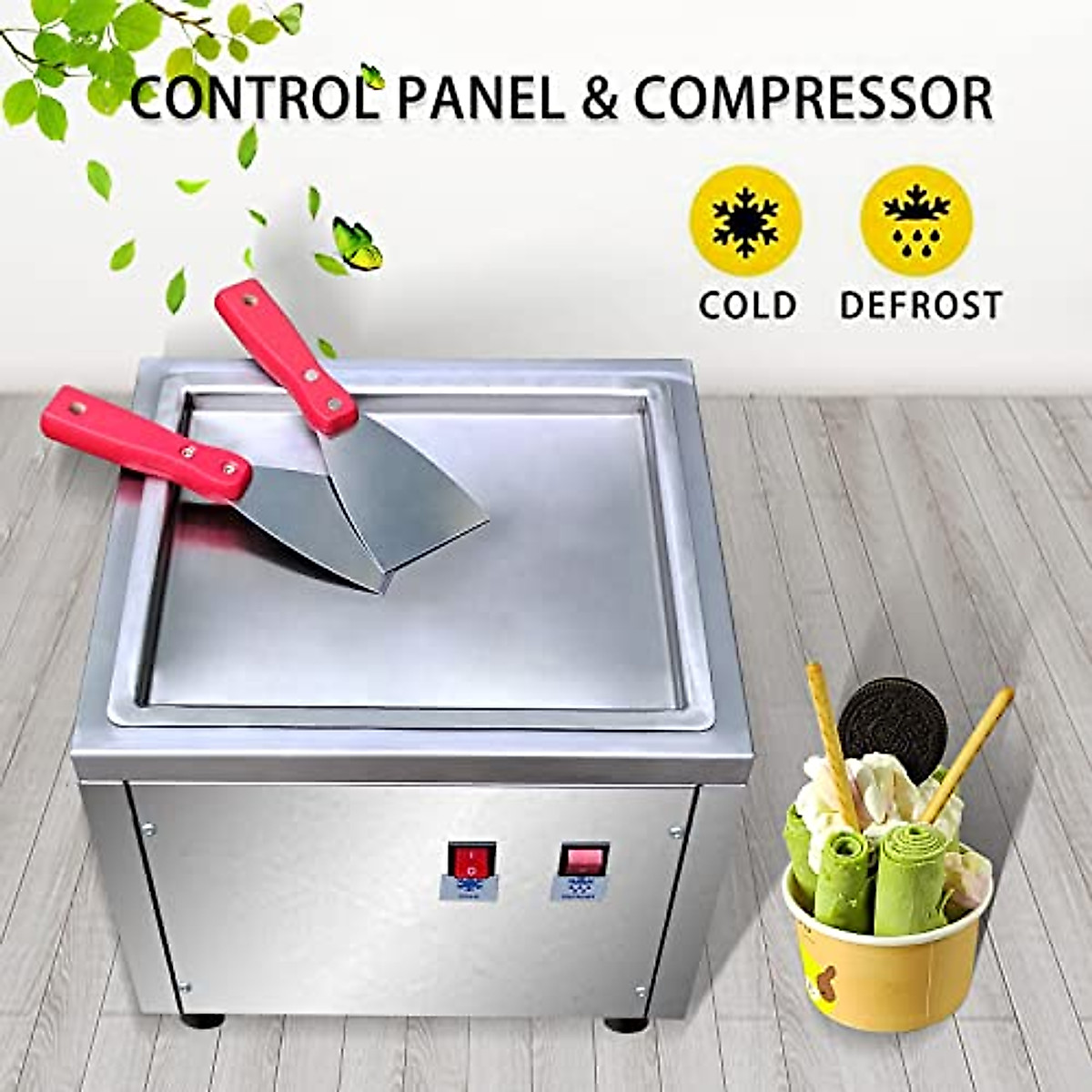 Mvckyi Commercial Countertop Mini Square Fried Ice Cream Roll Machine, Frozen Yogurt Ice Pan Rolled Machine Electric Stir Fry Ice Cream Rolled Maker for Home Bar Cafe