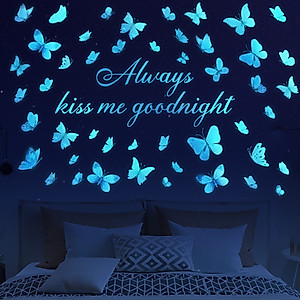 Butterfly Wall Decor Stickers Glow in The Dark Butterfly Wall Decals Peel and Stick Luminous Butterflies Always Kiss Me Good Night Decals Positive Quotes for Girls Kids Ceiling Bedroom Living Room