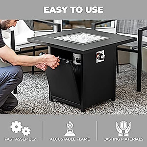 Outland Living Main Street 430 Model Square Fire Pit Table for Outside Patio – 28" Compact Outdoor Propane Gas Fire Table, Black – with Glass Rocks Set, Pre-attached 1m Hose and Regulator