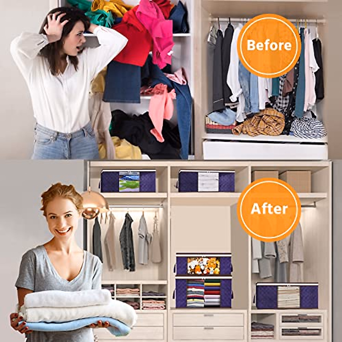 Closet Organizers and Storage, Collapsible Storage Bins, Under Bed Storage Containers with Clear Window, Reinforced Handles, Thick Fabric for Clothing, Comforter, Bedding, Sweater, Pillow, Blanket Storage Bags 6 Pack (Navy Blue) Contains 49L/84L/105L