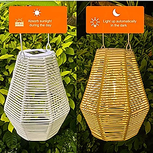 Outdoor Solar Lantern Hanging Decorative Solar Rattan White Lanterns with Handle Large Solar Table Lamp Waterproof for Patio Garden Wedding Home Decor