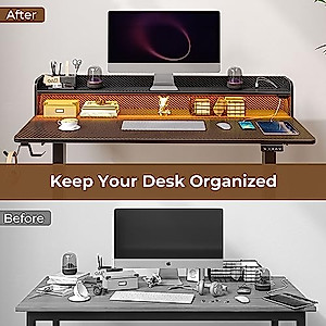 Rolanstar Standing Desk with LED Lights & Charging Station, 47" Height Adjustable Desk with Monitor Stand, Electric Gaming Desk with 2 Hooks, Sit Stand Home Office Desk, Carbon Fiber Surface Black
