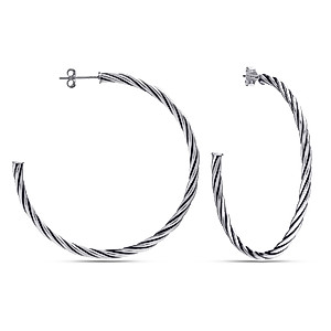 LeCalla Pure 925 Sterling Silver Twisted Diamond-Cut Open Half C Hoops Earring for Women Large Antique Sculpted Cable C Hoop Earrings for Women - 50MM