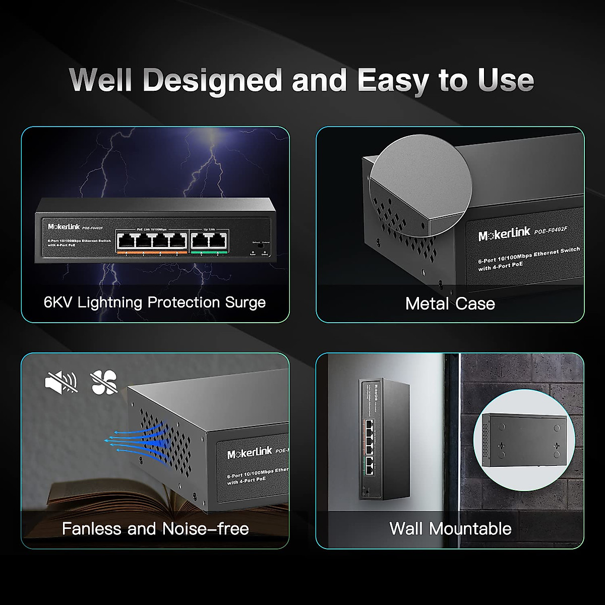 MokerLink 6 Port PoE Switch with 4 Ports PoE+, 2 Fast Ethernet Uplink, 10/100Mbps, 78W High Power, Support IEEE802.3af/at, Fanless Metal Plug & Play PoE+ Network Switch