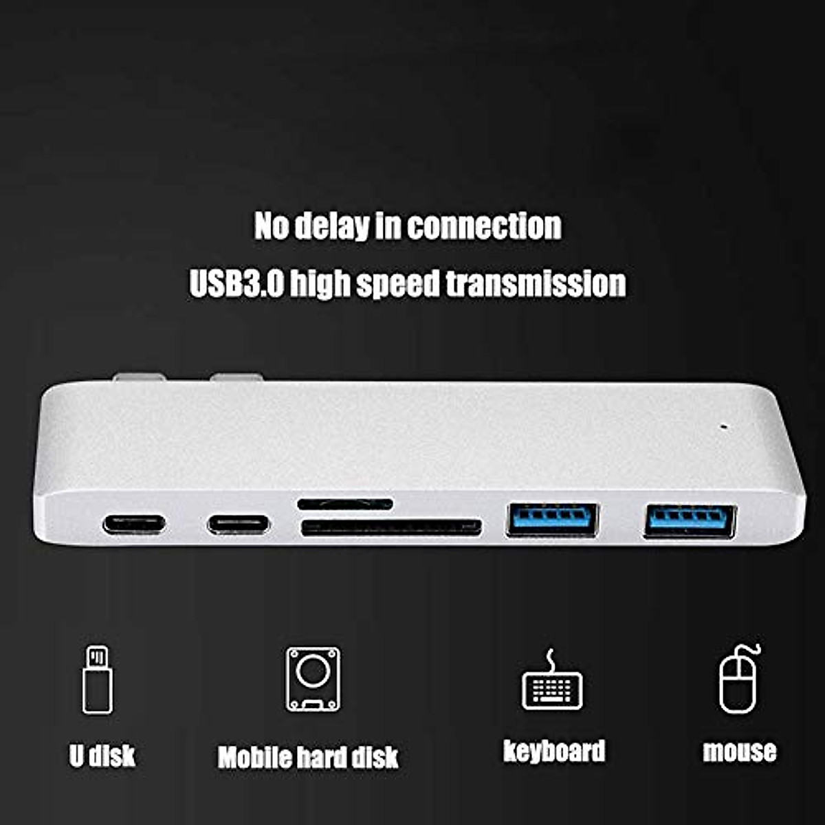 XUNMAIFHB Portable Docking Station,Double Head Type-c HUB to hdmi 4k hub + Card Reader + Type-c Docking Station Lightning 3 Interface Fast Transmission, Silver