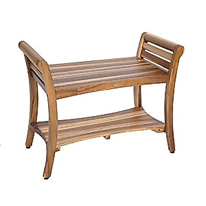 EcoDecors Symmetry Shower Bench Natural Teak Wood Shower Bench with Shelf and LiftAide Arms 30" Long Wood Shower Stool in EarthyTeak Finish for Indoors and Outdoors