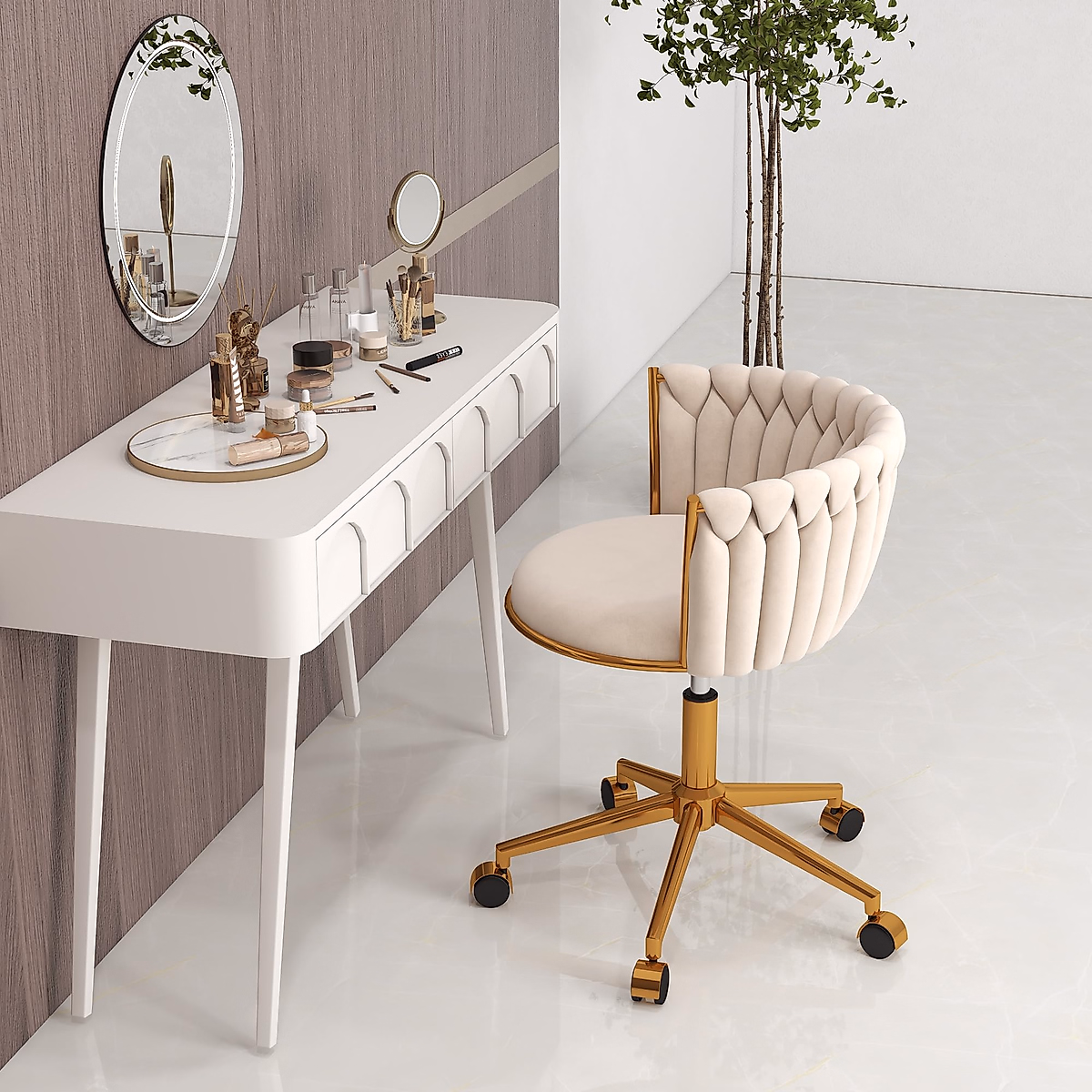 ABET Desk Chair with Wheels, Modern Velvet Office Chair for Desk, Hand Woven Vanity Makeup Chair for Girls Women Bedroom, 360° Swivel & Height Adjustable Gold Base Task Armchair, Beige