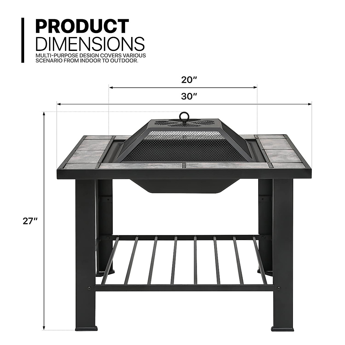 MoNiBloom 30" Protable Fire Pit Table Square Metal Firepit Patio Wood Burning Fireplace Garden Stove with Charcoal Rack Mesh Cover for Camping Bonfire Backyard BBQ, Black