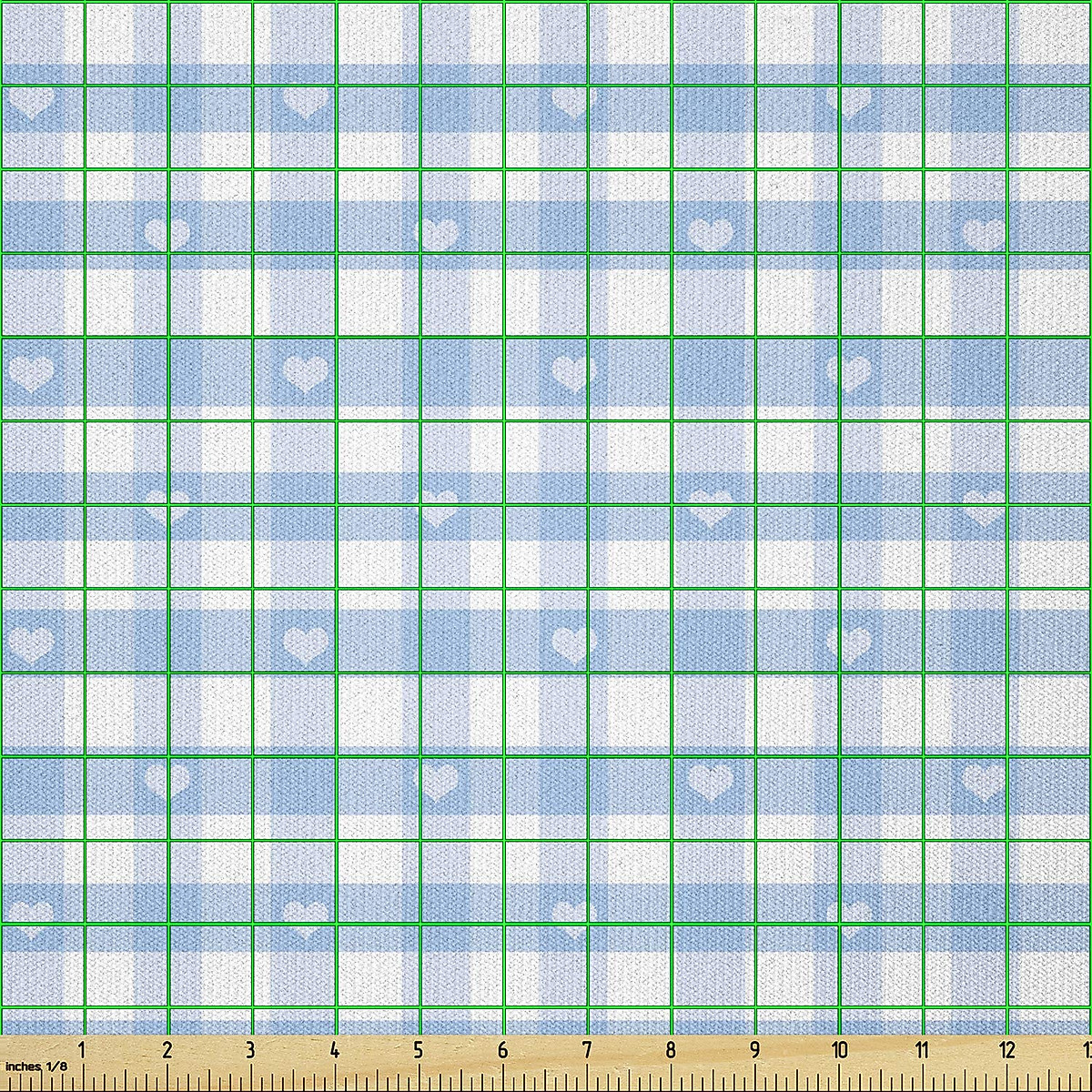 Ambesonne Checkered Fabric by The Yard, Gingham Motif with Little Hearts Pastel Blue Shower Theme, Stretch Knit Fabric for Clothing Sewing and Arts Crafts, 1 Yard, Blue White