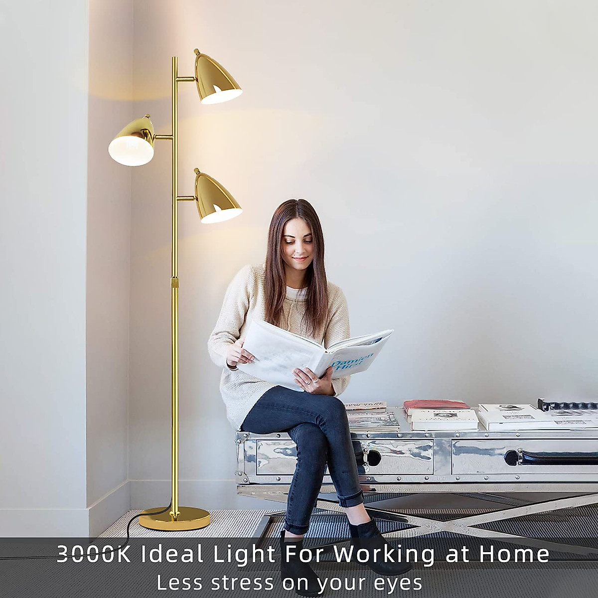 Tree Floor Lamp for Living Room, Industrial 3-Light Standing Lamp with 3 LED Bulbs, Adjustable Rotation Heads, Standing Tall Pole Lamp Farmhouse Rustic Reading Lamps for Bedroom Office (Gold)