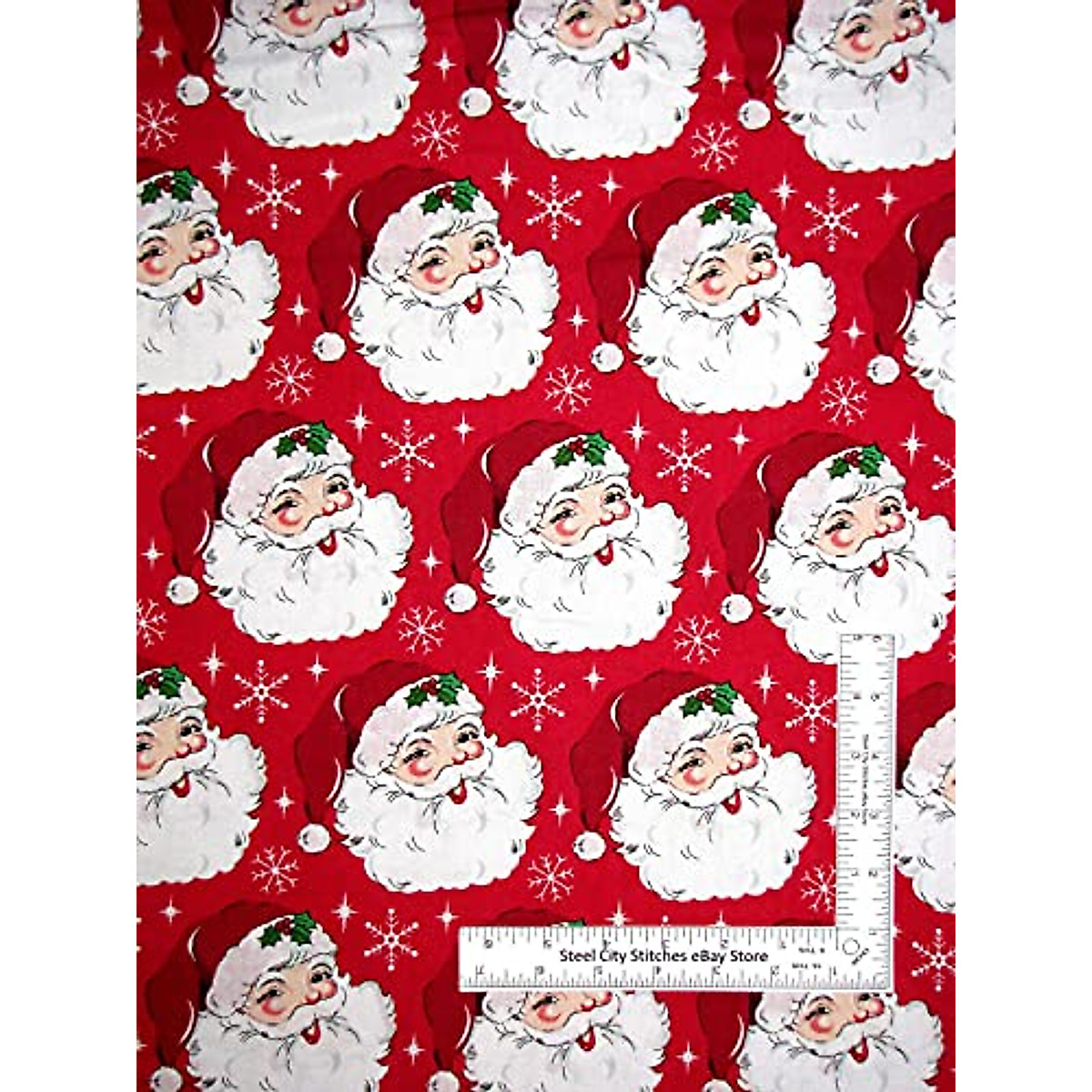 FlashPhoenix Quality Sewing Fabric –Christmas Santa Claus Heads Snowflakes Red 100% Cotton Fabric 23x44 inch