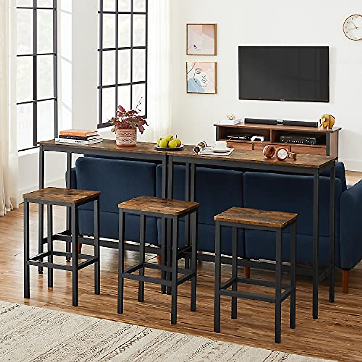VASAGLE Dining Table Set, Bar Table and Chairs Set, Kitchen Bar Height Table with Stools Set of 2, Steel Frame, Industrial, Rustic Brown and Black ULBT218B01