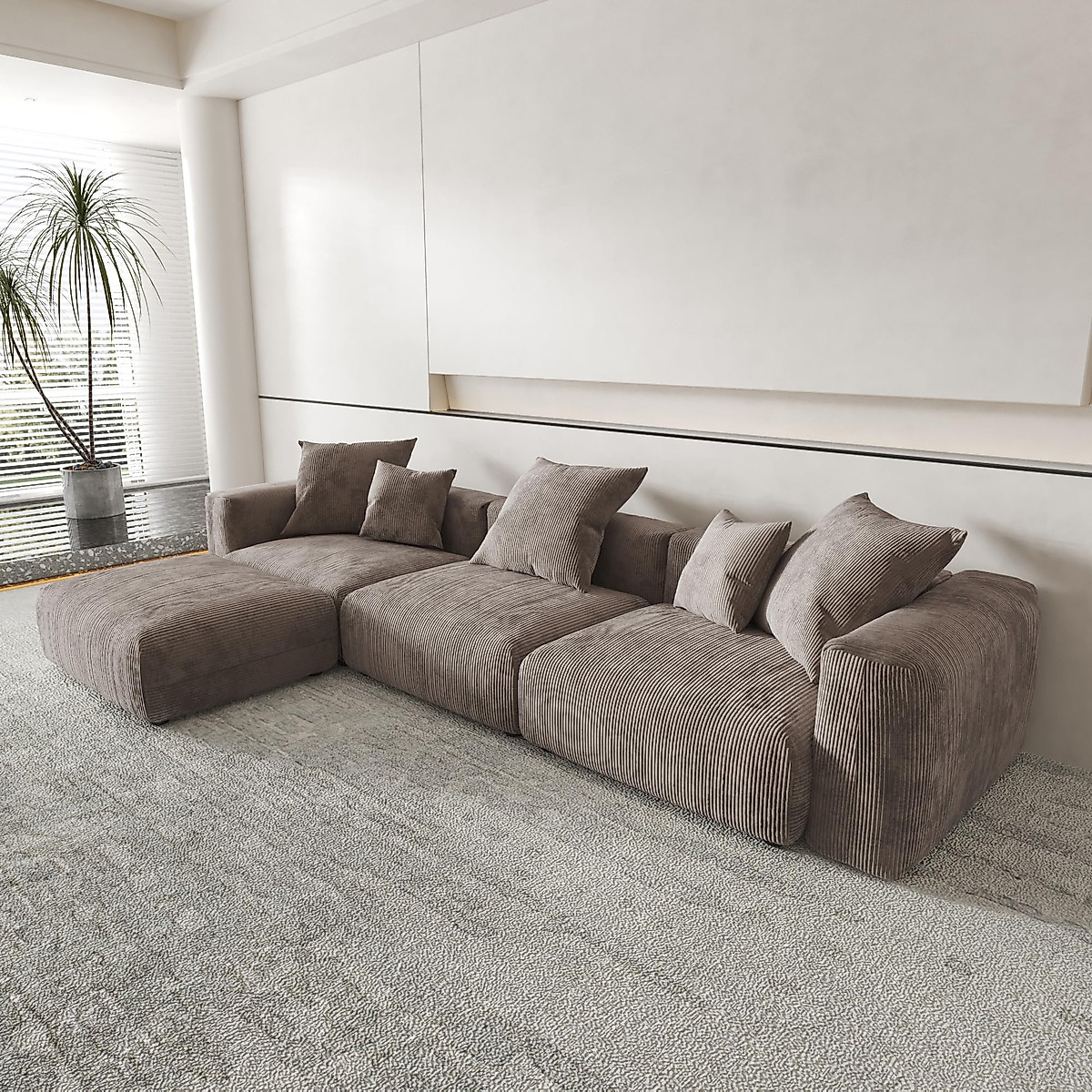 Sdorens 141.73" Modular Sectional Sofa, L Shaped Sofa Couch with Ottoman, Corduroy Fabric Brown Sofa Couch with 5 Pillows, Oversized Sofa Set for Living Room