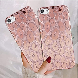 iPod Touch 7th Generation Case, J.west iPod Touch 6 iPod 5 Case, Luxury Saprkle Bling Glitter Metallic Leopard Print Design Soft Slim Protective Cases for Women Girls Silicone Cover Rose Gold