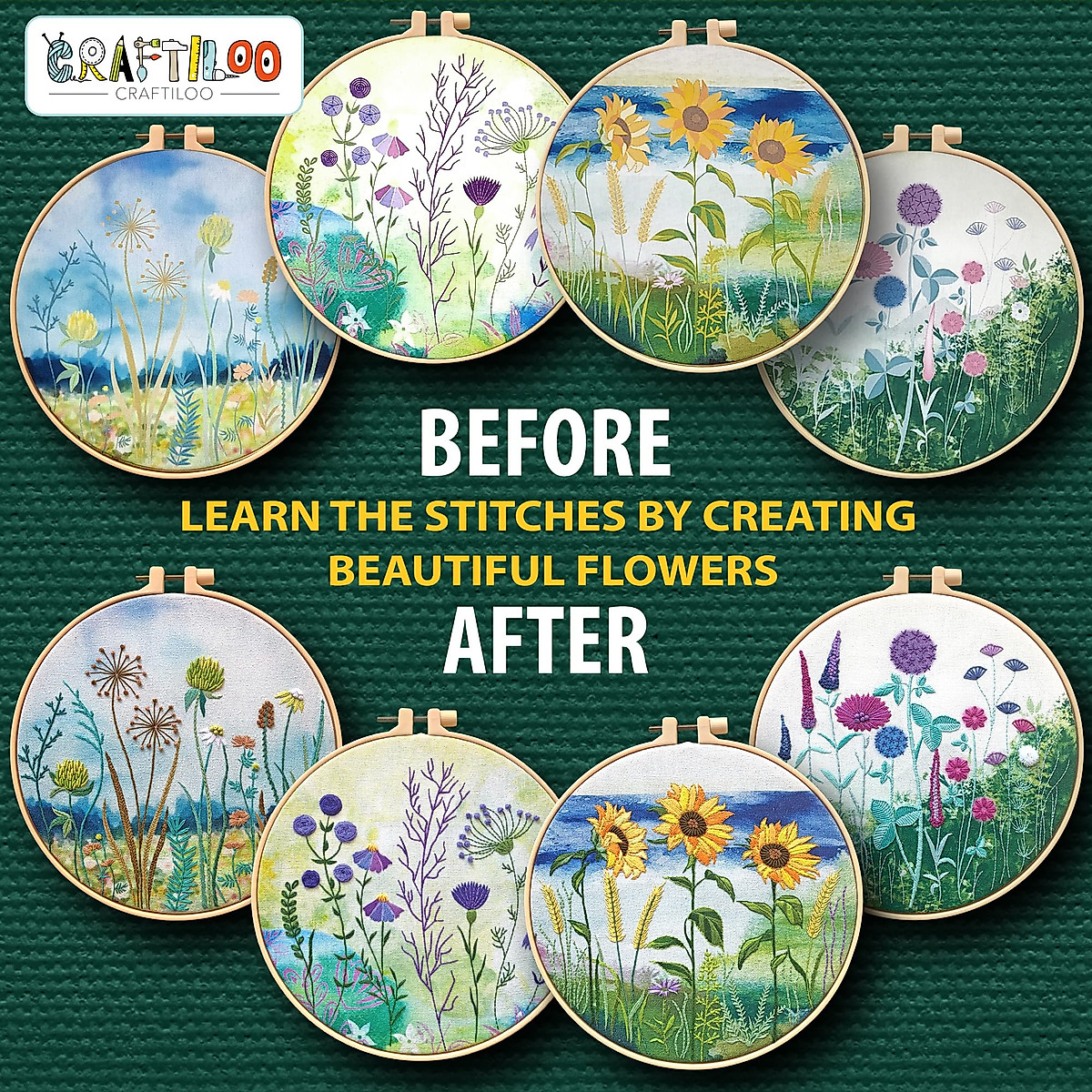 CRAFTILOO Embroidery kit for Beginners Cross Stitch for Beginners Needlepoint Kits for Adults Embroidery Kits Beginner Embroidery kit for Adults 4 Flowers