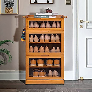 MoNiBloom Shoe Cabinet with Acrylic Doors 5 Tier Bamboo Free Standing Narrow Shoes Rack for Space Saving Entryway Hallway Living Room Bedroom, Brown