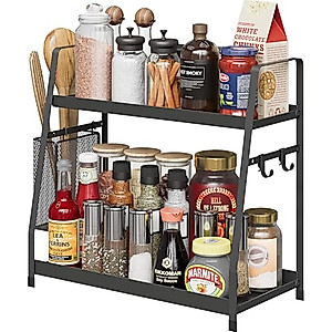 OROPY 2 Tier Spice Rack for Countertop, Height Adjustable Metal Standing Kitchen Storage Organizer Shelf, Counter Shelf for Cabinet,Pantry,Bathroom,Bedroom, with Hanging Basket